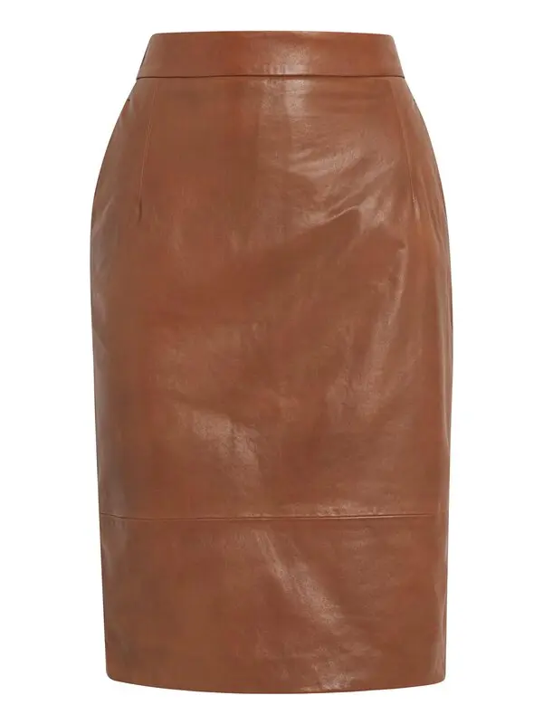 Max Mara Lambskin Leather Pencil Midi Skirt - Brown