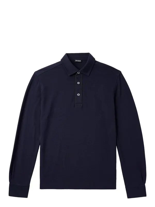 Zegna Suede-trimmed Cotton-piqué Polo Shirt - Blue