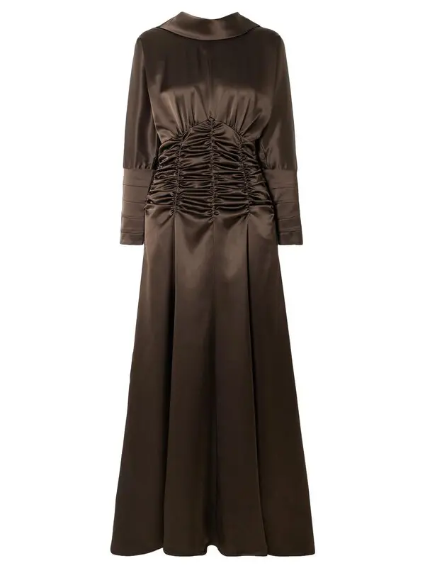VIOLANTE NESSI Button-embellished Ruched Satin Gown - Brown