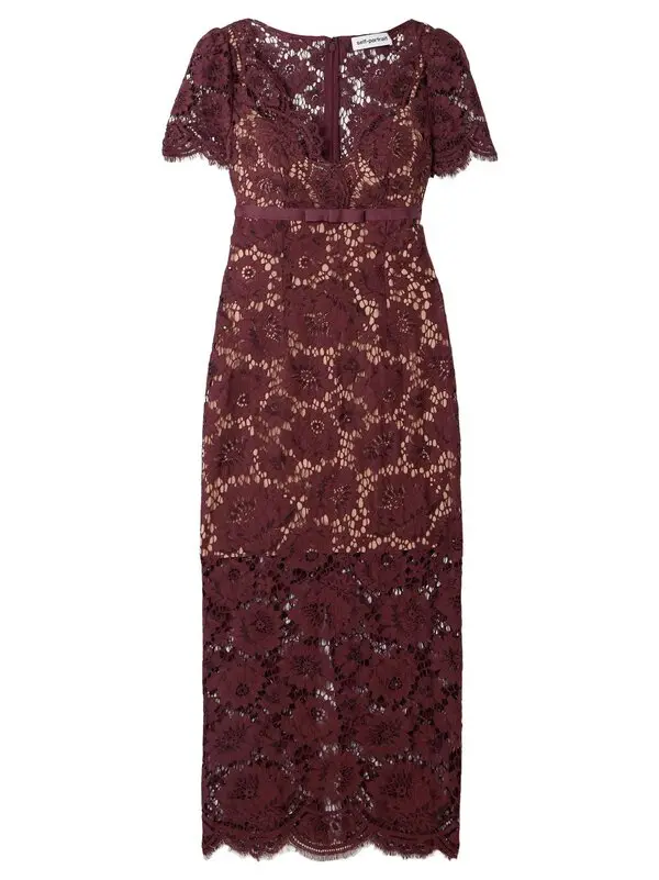 SELF-PORTRAIT Bow Detailed Floral Lace Midi Dress - Burgundy