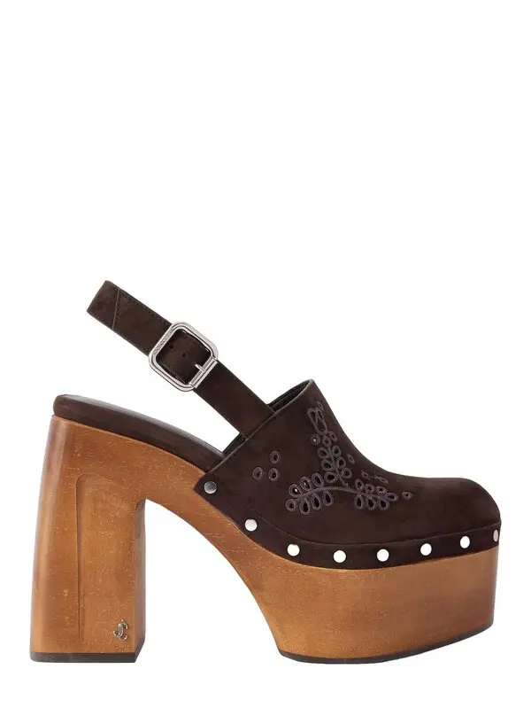 JIMMY CHOO Alida 135 Embroidered Studded Platform Clogs - Brown