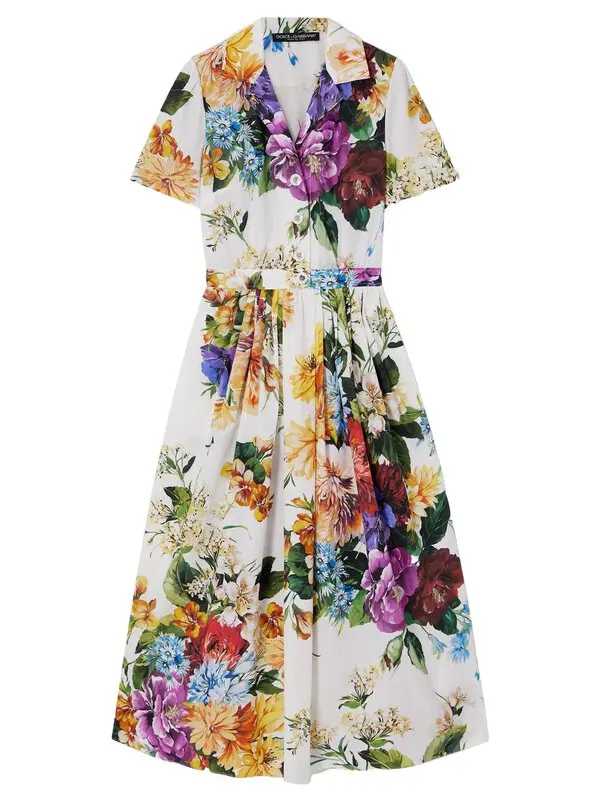 Dolce & Gabbana Pleated Floral-print Cotton-poplin Midi Dress - White