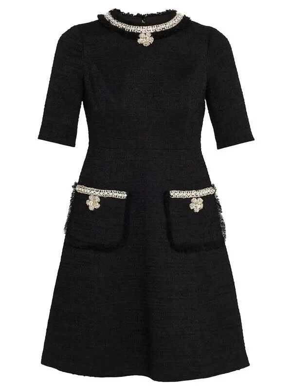 Rickie Freeman For Teri Jon Bead And Crystal-trim Boucle A-line Dress - Black