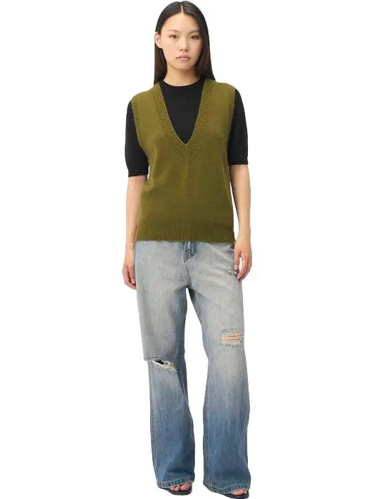 GOBI MONGOLIAN CASHMERE Relaxed V-neck Cashmere Vest - Olive Drab