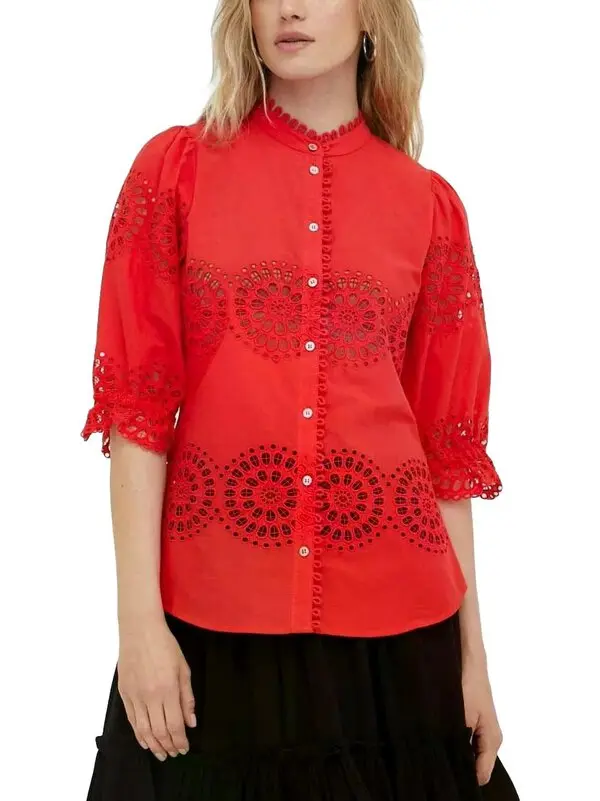 BRUUNS BAZAAR Eyelet-embroidered Puff-sleeve Top - Red