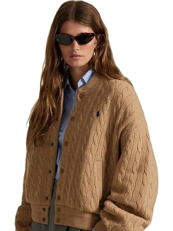 Ralph Lauren Cable-knit Wool-cashmere Bomber Jacket - Collection Camel Melange