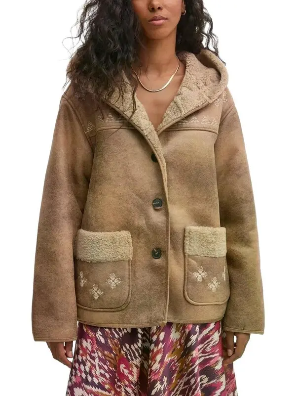 HOSS INTROPIA Embroidered Hooded Shearling Jacket - Neutrals