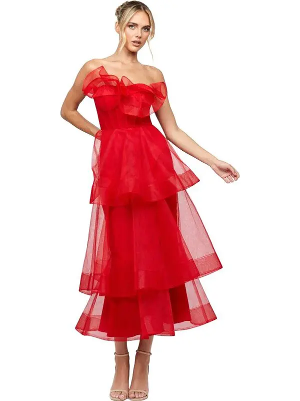 BARIANO Mae Tiered Ruffle Midi - Red