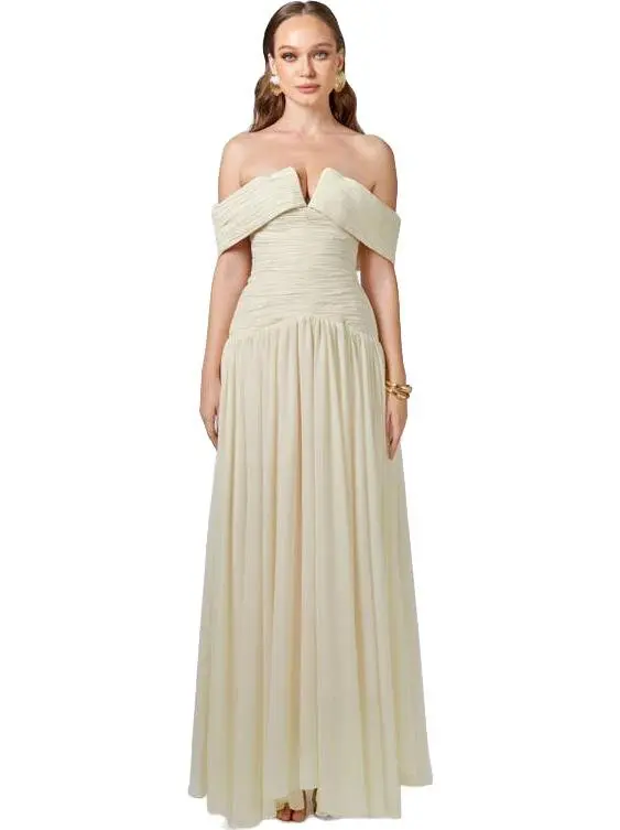 BARIANO Keecia Off-shoulder Chiffon Gown - Cream