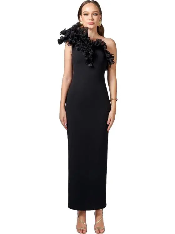 BARIANO Elena One Shoulder Ruffle Midaxi Gown - Black