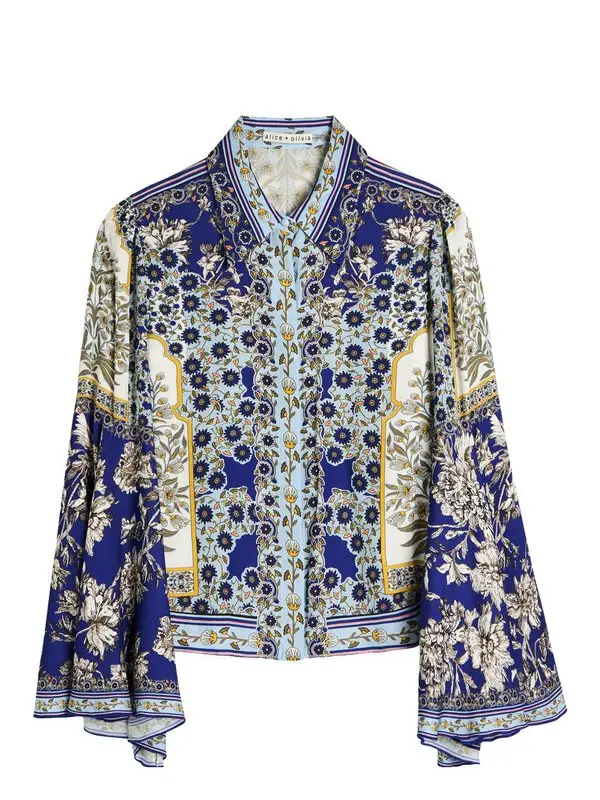 Alice + Olivia Floral Flared-sleeve Chiffon Blouse - Blue
