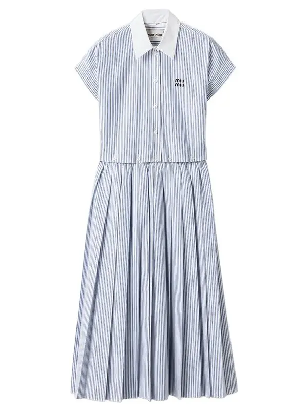 Miu Miu Pleated Striped Poplin Midi Dress - Blue