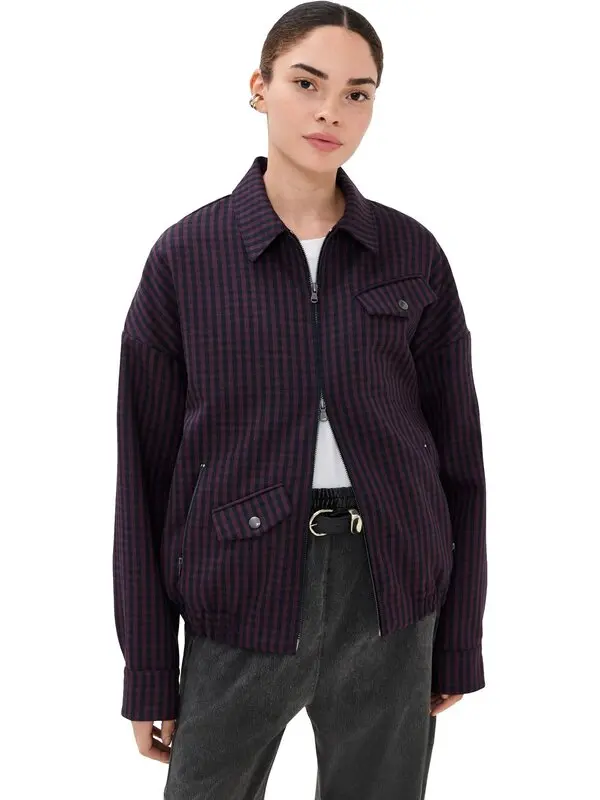 Tibi Wool Gingham Bomber Jacket - Wine/navy Multi