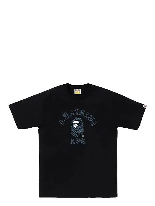 A BATHING APE Wild Leopard Pattern College Tee Shirt - Black/navy Blue