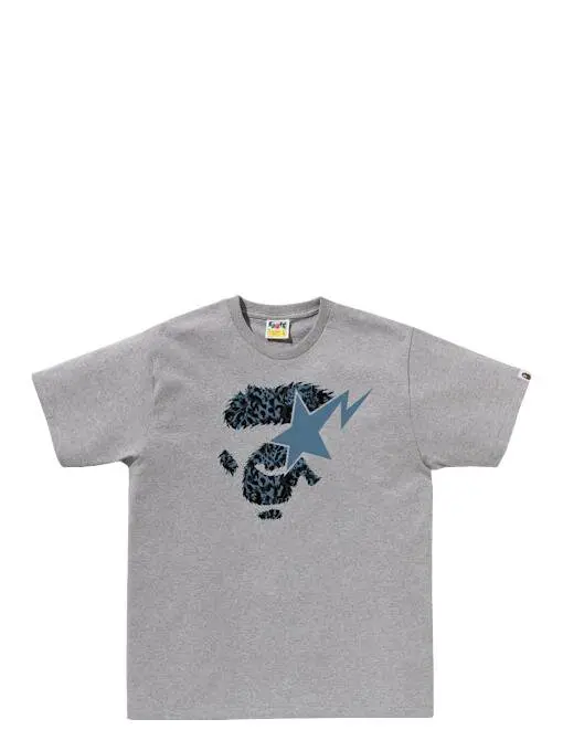A BATHING APE Wild Leopard Pattern Ape Face Sta Tee Shirt - Gray
