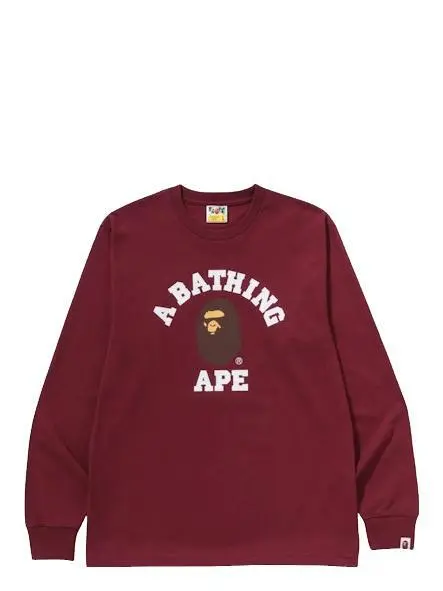 A BATHING APE College Long Sleeve Tee Shirt - Burgundy