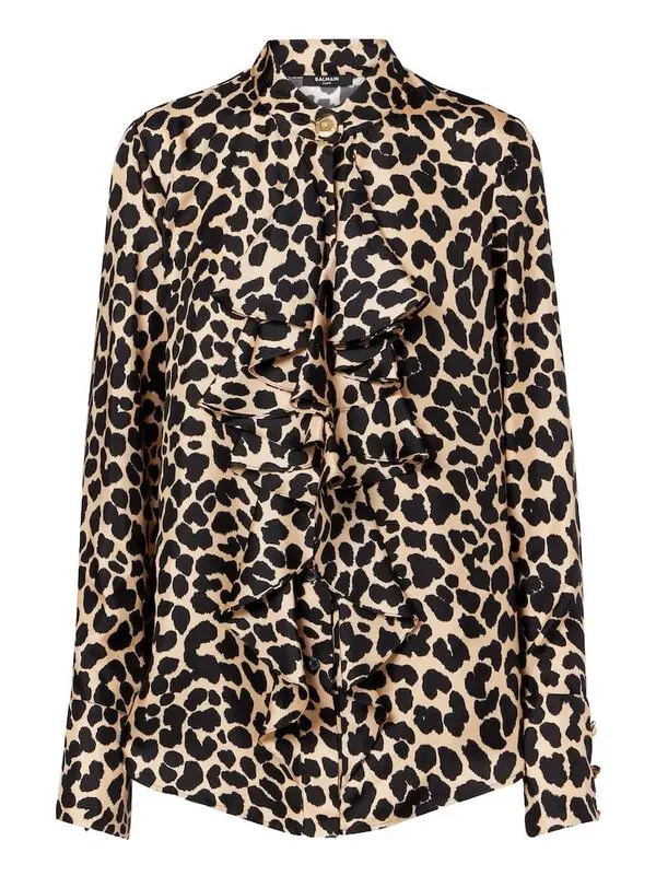 Balmain Leopard-print Ruffled Silk Blouse - Brown