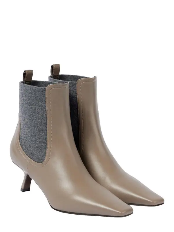 Brunello Cucinelli Leather Ankle Boots With Fabric Trim - Grey