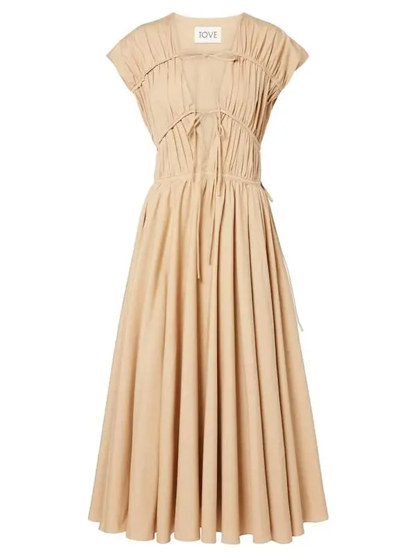 Tove Ceres Gathered Cotton Midi Dress - Beige