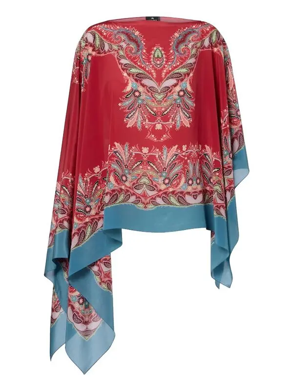 Etro Asymmetrical Floral Silk Crêpe Poncho - Red