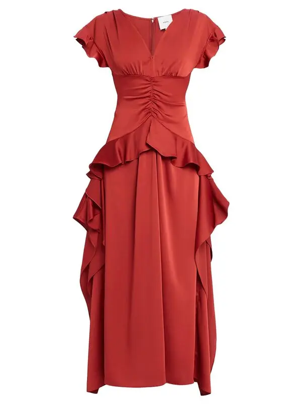 AKNVAS Draped Ruffle Satin Dress - Clay