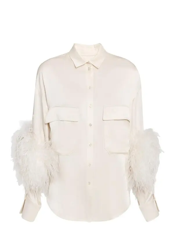 Lapointe Satin Button-down Blouse With Feather Trim - Cream