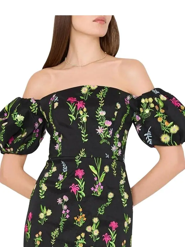 MILLY Nira Off-shoulder Embroidered Midi Dress - Black Mult