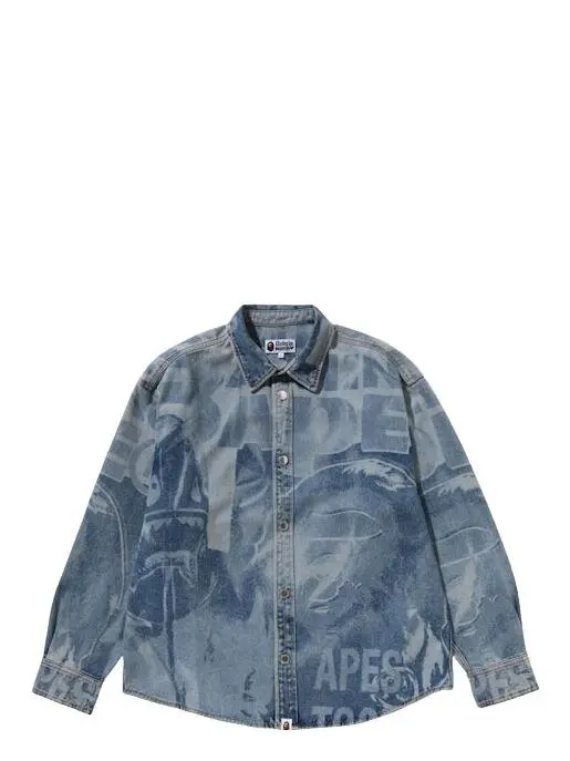A BATHING APE Overall Lasered Denim Long Sleeve Shirt - Light Indigo