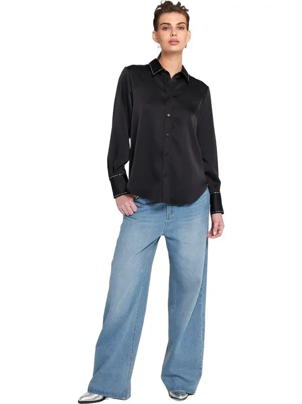 ELLE COLLECTION Satin Button-down Shirt With Sparkle Trim - Black/sparkle