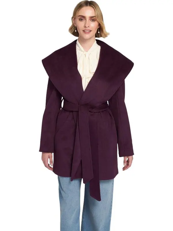 ELLE COLLECTION Belted Melton Wrap Coat - Wine