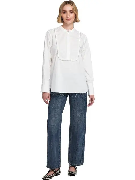 ELLE COLLECTION Beaded Bib Poplin Blouse - White