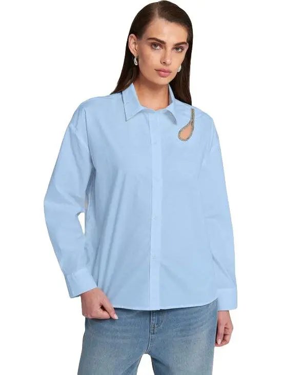 ELLE COLLECTION Rhinestone Trim Cutout Cotton Shirt - Baby Blue