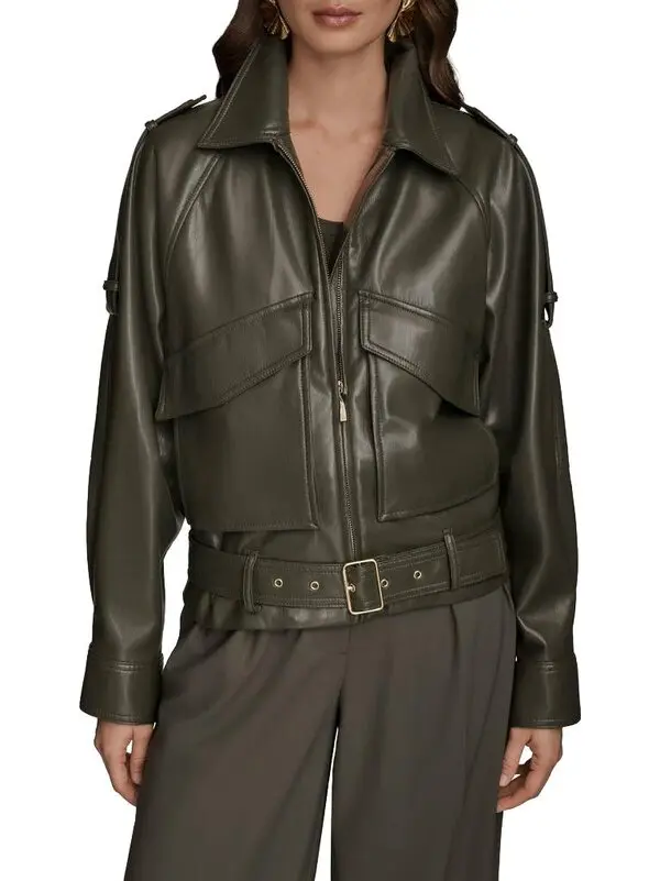Donna Karan New York Belted Faux Leather Moto Jacket - Dark Mineral