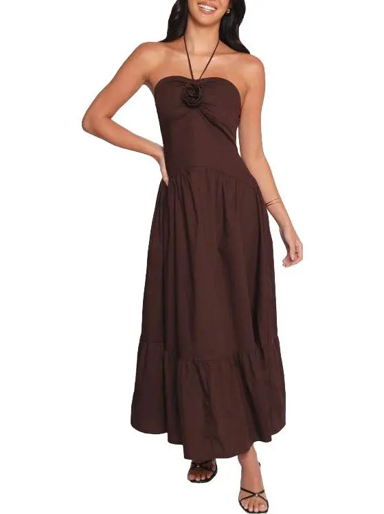 PETAL & PUP Rosette Tiered Halter Maxi Dress - Chocolate