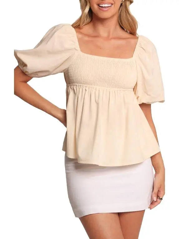 PETAL & PUP Jemima Puff Sleeve Smocked Babydoll Top - Beige