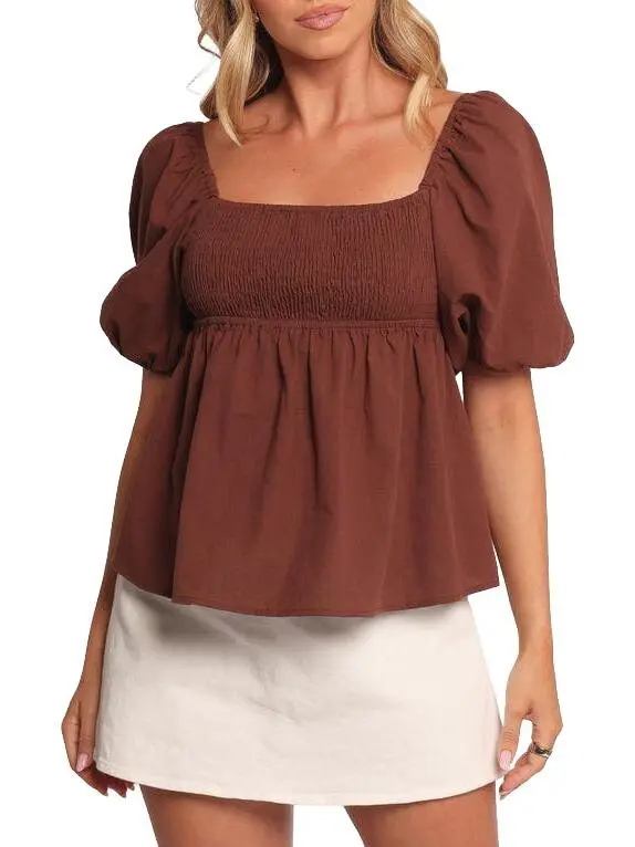 PETAL & PUP Jemima Puff Sleeve Smocked Babydoll Top - Chocolate