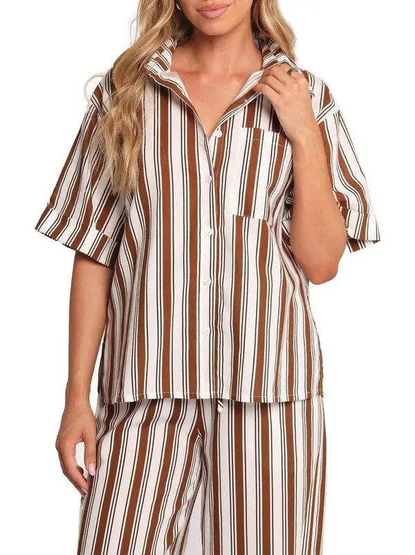 PETAL & PUP Thalia Stripe Button-up Shirt - Chocolate Stripe