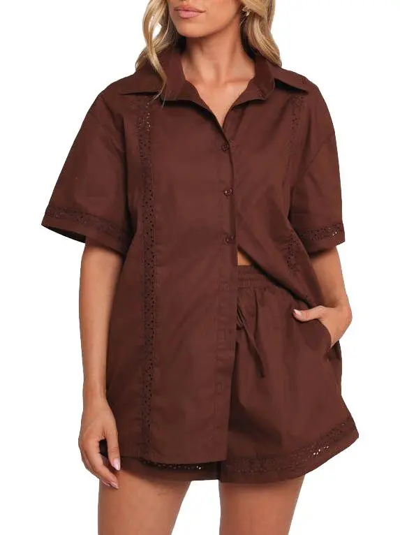 PETAL & PUP Eyelet Trim Cotton Button-up Shirt - Chocolate