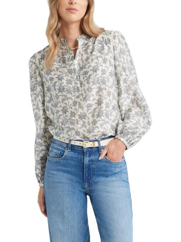Caslon Embroidered Inset Top - Ivory- Navy Audrey Floral