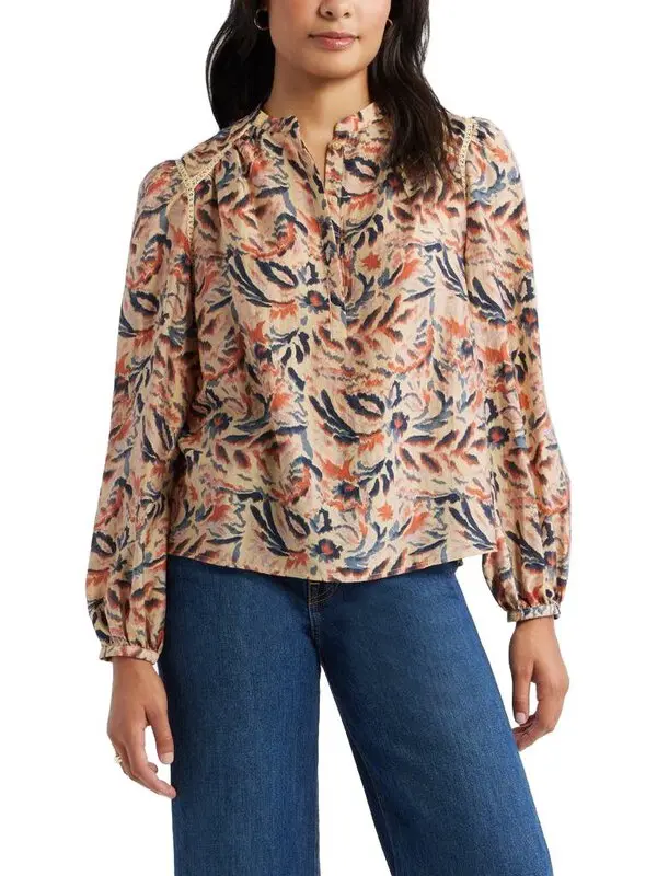 Caslon Embroidered Inset Top - Tan- Navy Ikat Blossom