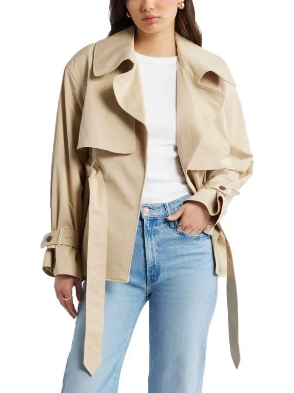 OPEN EDIT Exaggerated Crop Trench Coat - Tan Safari