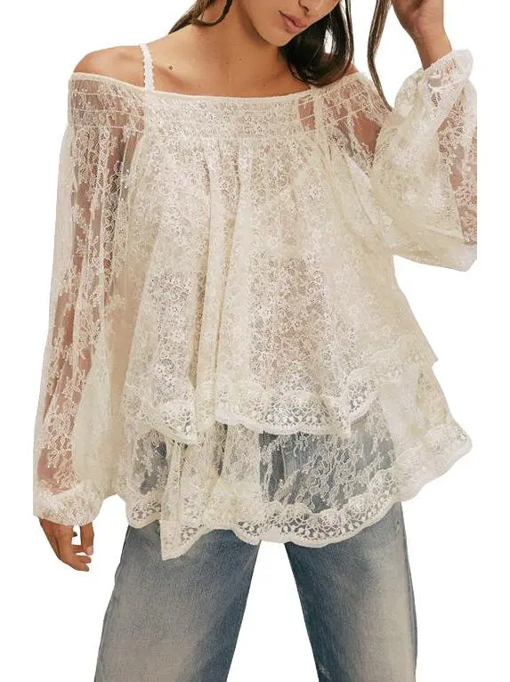 Free People Goldie Sheer Lace Top - Tofu