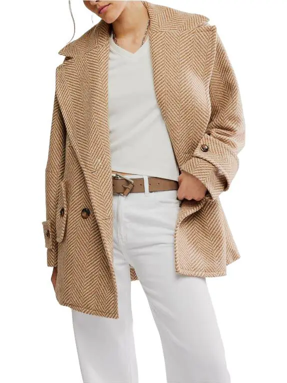 Free People Ari Herringbone Pea Coat - Tan