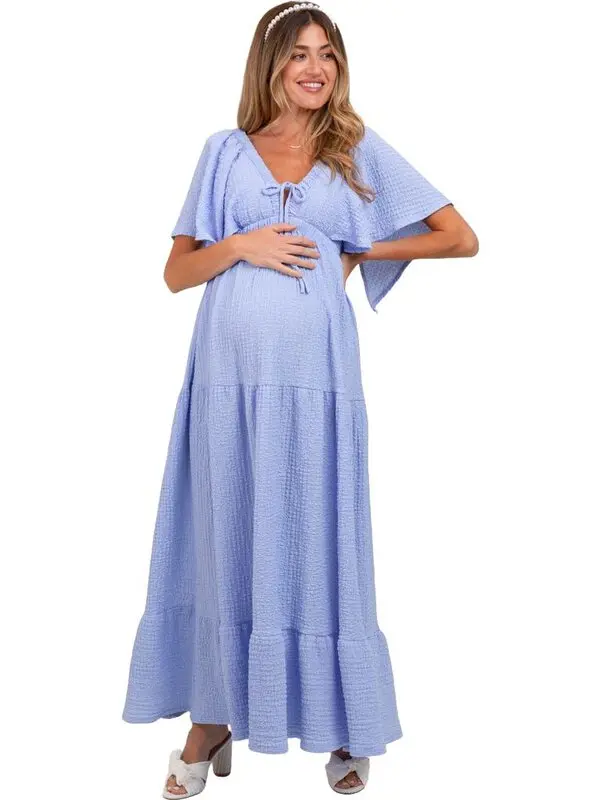 PINKBLUSH Woven Textured Flutter Sleeve V-neck Tiered Maxi Dress - Light Blue