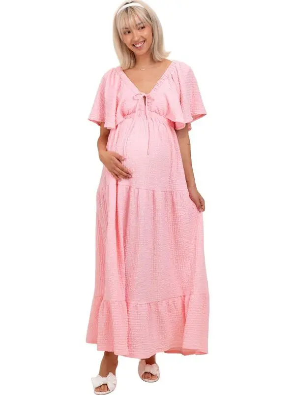 PINKBLUSH Woven Textured Flutter Sleeve V-neck Tiered Maxi Dress - Light Pink
