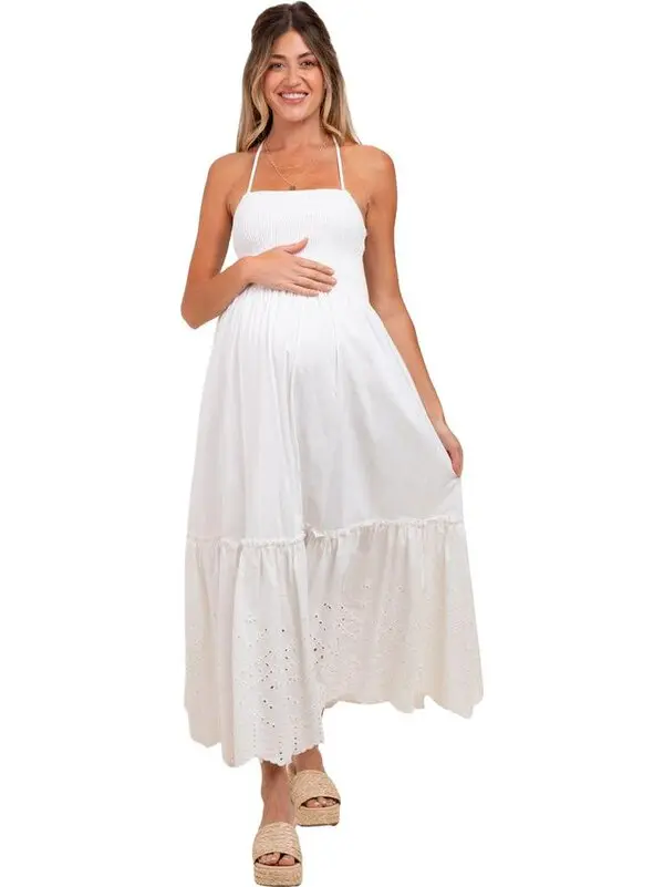 PINKBLUSH Smocked Open Back Lace Hem Maxi Dress - White