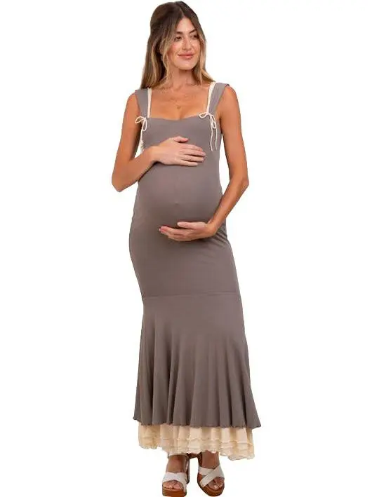 PINKBLUSH Knit Tie Detail Sleeveless Mermaid Maxi Maternity Dress - Taupe