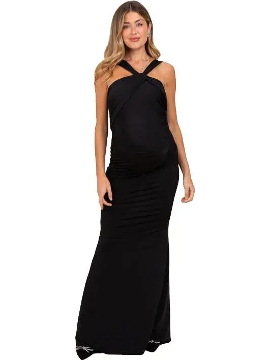 PINKBLUSH Twist Front Ruched Maxi Dress - Black
