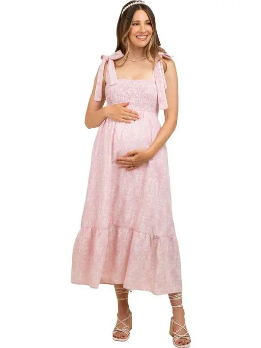PINKBLUSH Floral Smocked Shoulder Tie Maternity Midi Dress - Pink