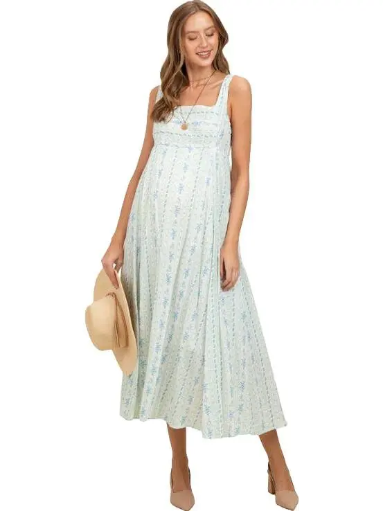 PINKBLUSH Cotton Floral Square Neck Sleeveless Maxi Dress - Light Blue